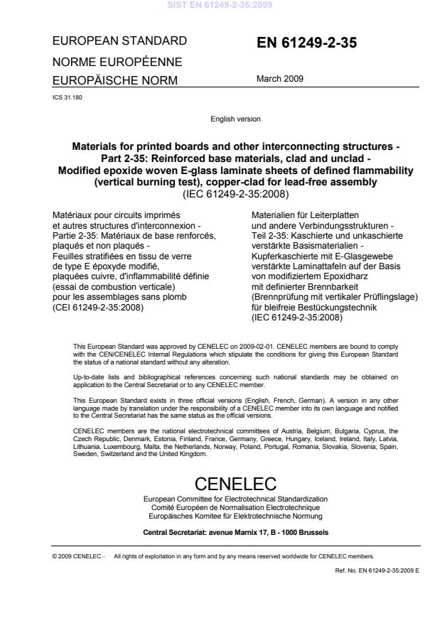 EN 61249-2-35:2009 - Materials for printed boards and other interconnecting structures - Part 2-35: