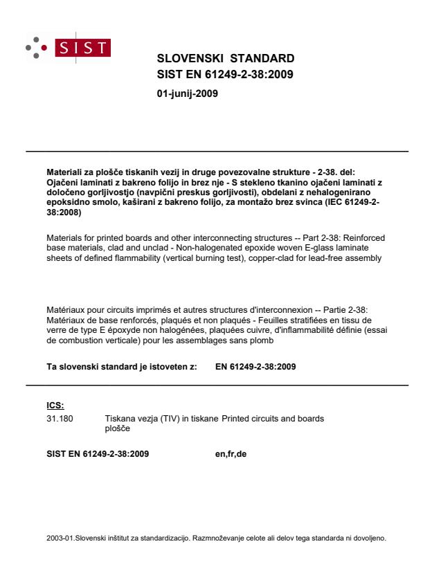 EN 61249-2-38:2009 - Materials for printed boards and other interconnecting structures - Part 2-38: