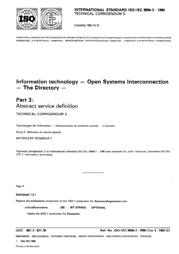 ISO/IEC 9594-3:1990/Cor 3:1992 - Information technology — Open Systems Interconnection — The