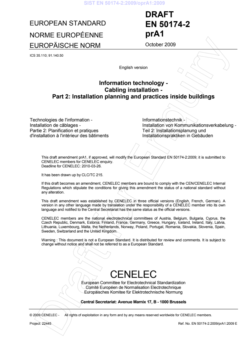 EN 50174-2:2009/A1:2011 - Information technology - Cabling installation ...