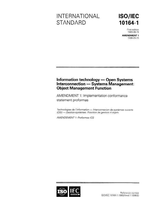 ISO/IEC 10164-1:1993/Amd 1:1996 - Information technology — Open Systems Interconnection — Systems