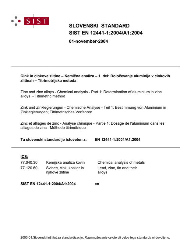 SIST EN 12441 1 2004 A1 2004 Zinc And Zinc Alloys Chemical Analysis