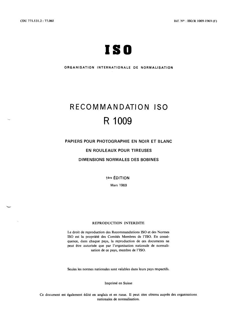 ISO/R 1009:1969 - Title missing - Legacy paper document