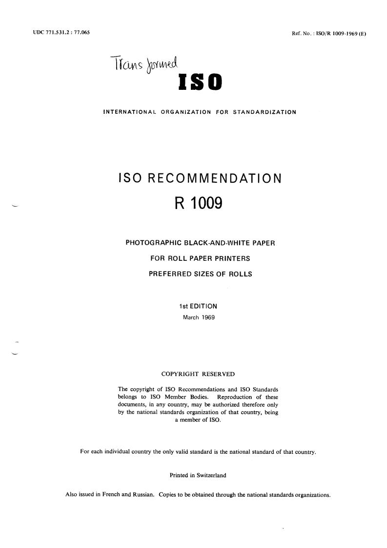 ISO/R 1009:1969 - Title missing - Legacy paper document