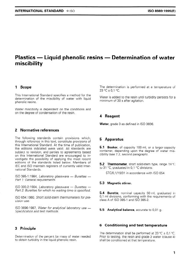 ISO 8989:1995 - Plastics — Liquid phenolic resins — Determination of water miscibility
