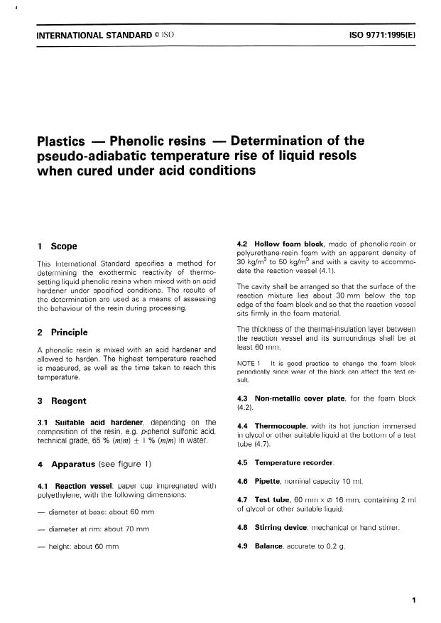 ISO 9771:1995 - Plastics — Phenolic resins — Determination of the pseudo-adiabatic temperature rise