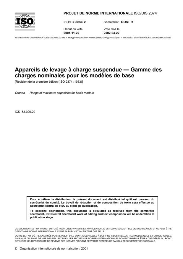 ISO/DIS 2374 - Cranes -- Range of maximum capacities for basic models
