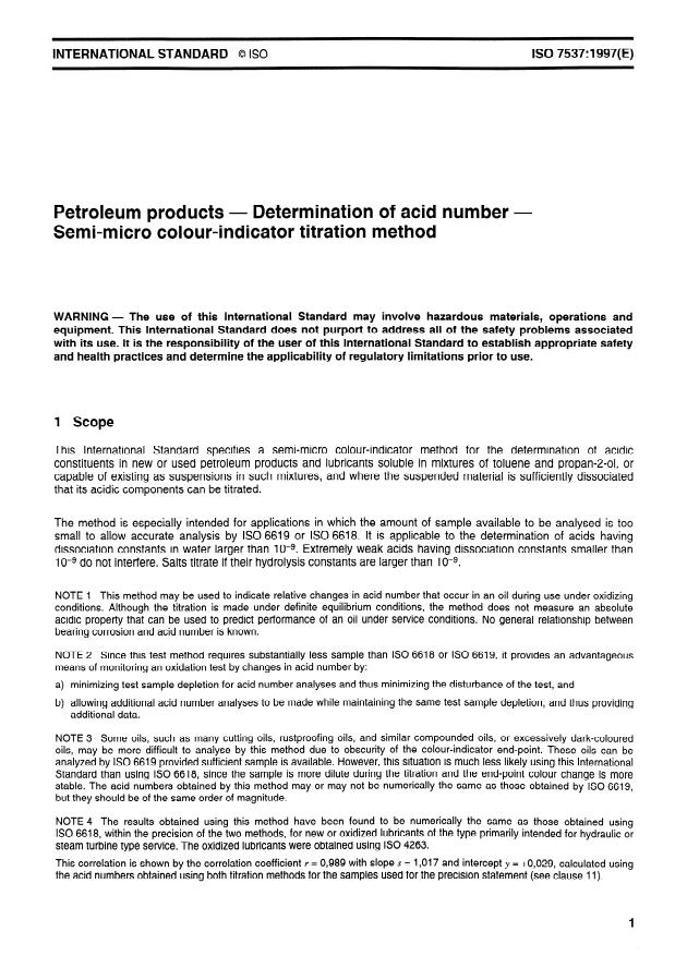 ISO 7537:1997 - Petroleum products -- Determination of acid number -- Semi-micro colour-indicator