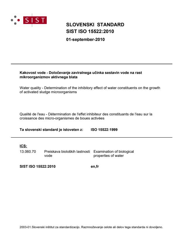 ISO 15522:1999 - Water quality — Determination of the inhibitory effect of water constituents on the