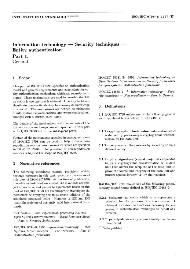 ISO/IEC 9798-1:1997 - Information technology — Security techniques — Entity authentication — Part 1: