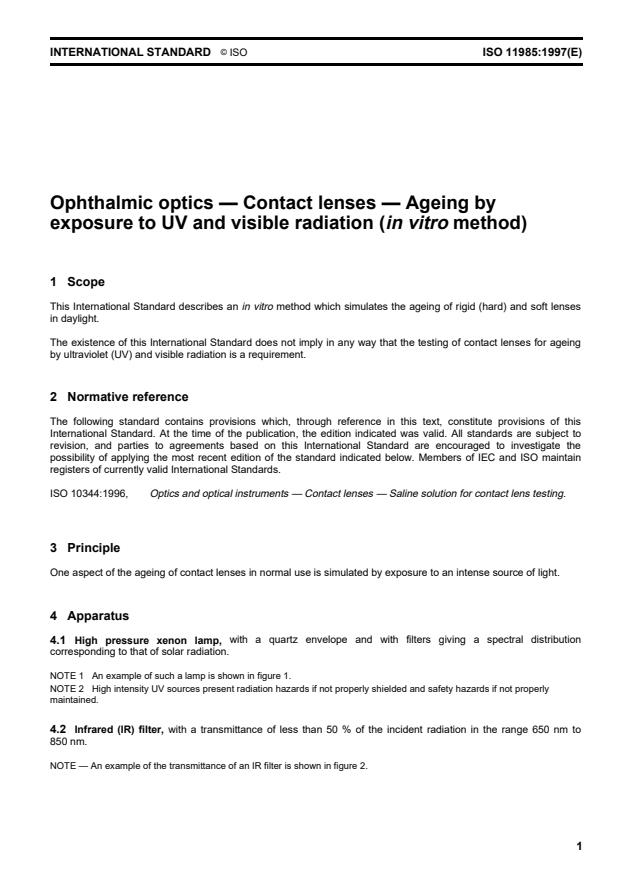 ISO 11985:1997 - Ophthalmic optics — Contact lenses — Ageing by exposure to UV and visible radiation