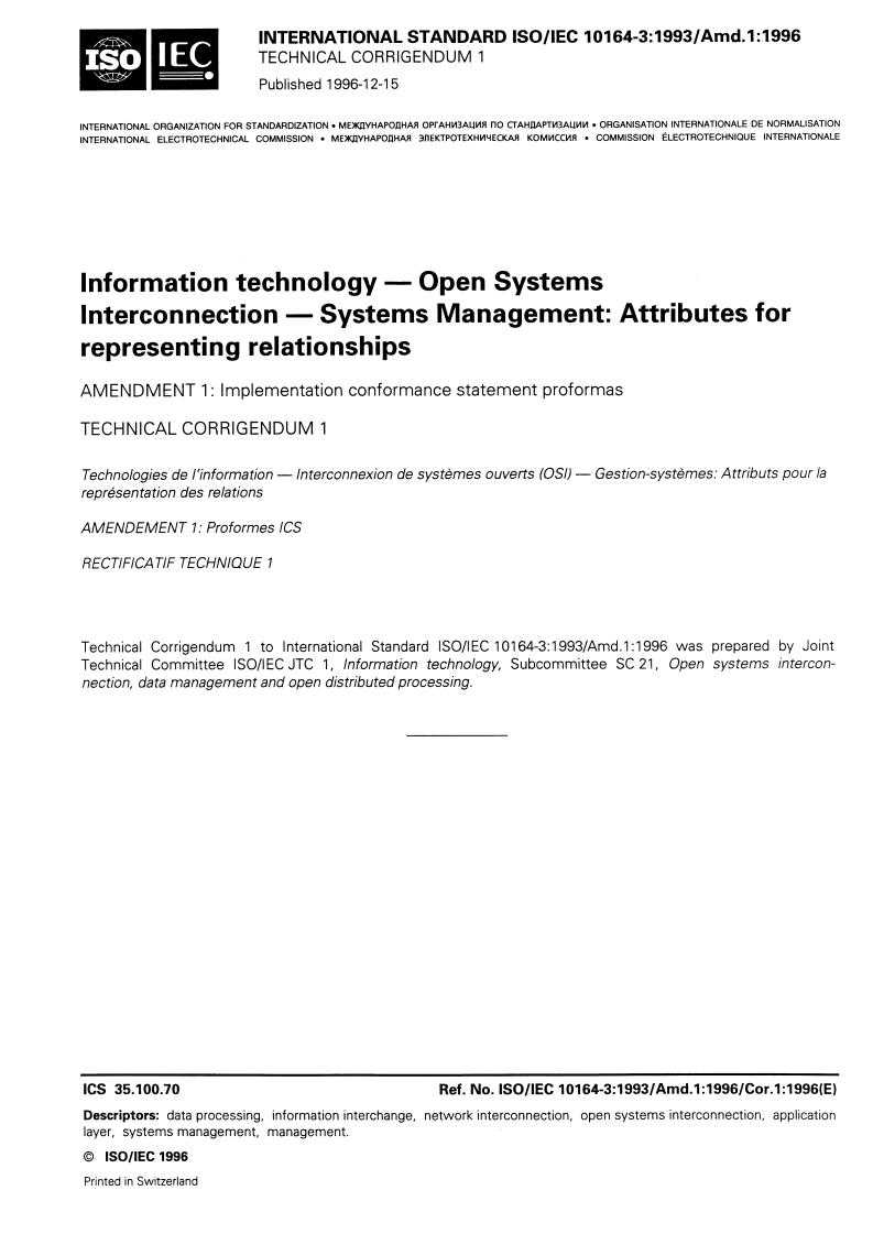 ISO/IEC 10164-3:1993/Amd 1:1996/Cor 1:1996 - Information technology — Open Systems Interconnection