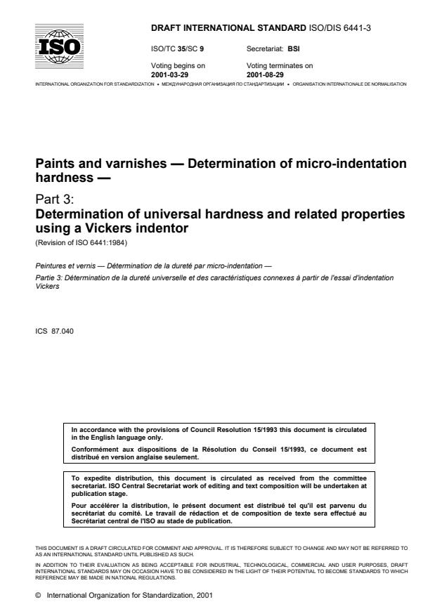 ISO/DIS 6441-3 - Paints and varnishes -- Determination of micro-indentation hardness