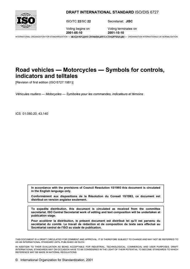 ISO/DIS 6727 - Road vehicles -- Motorcycles -- Symbols for controls, indicators and telltales