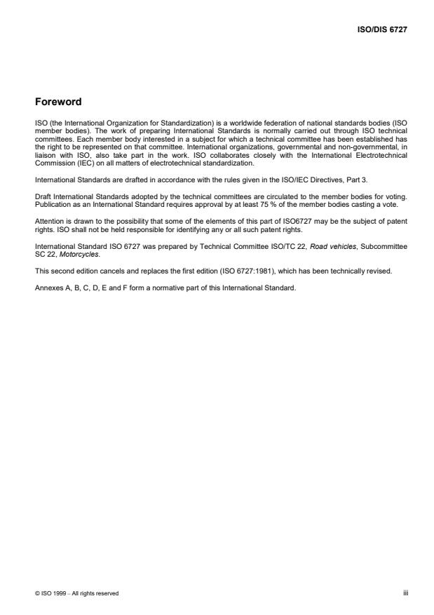 ISO/DIS 6727 - Road vehicles -- Motorcycles -- Symbols for controls, indicators and telltales
