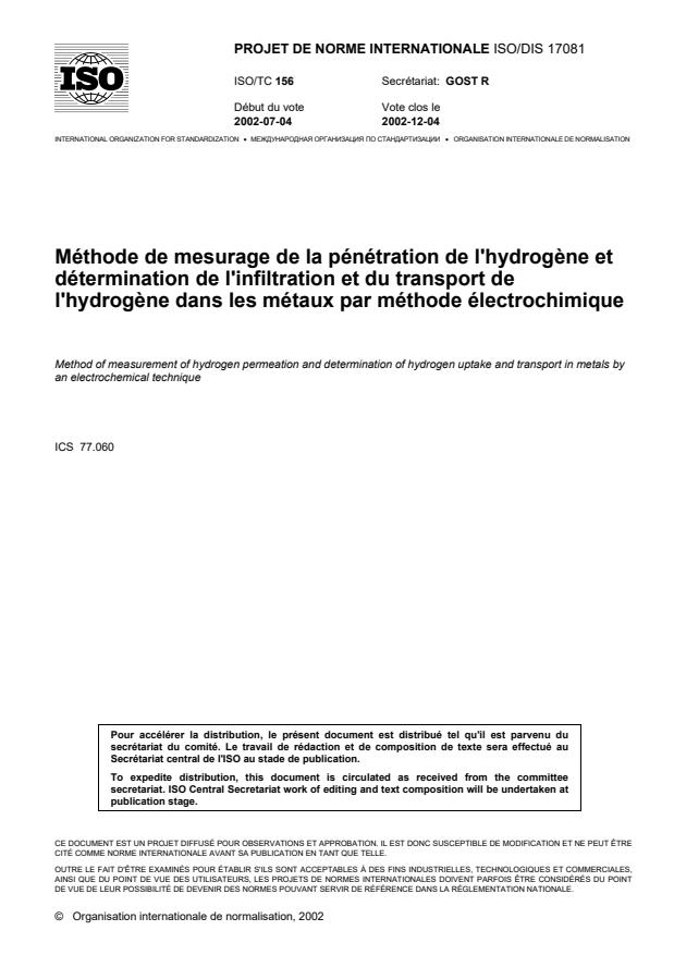 ISO/DIS 17081 - Method of measurement of hydrogen permeation and determination of hydrogen uptake