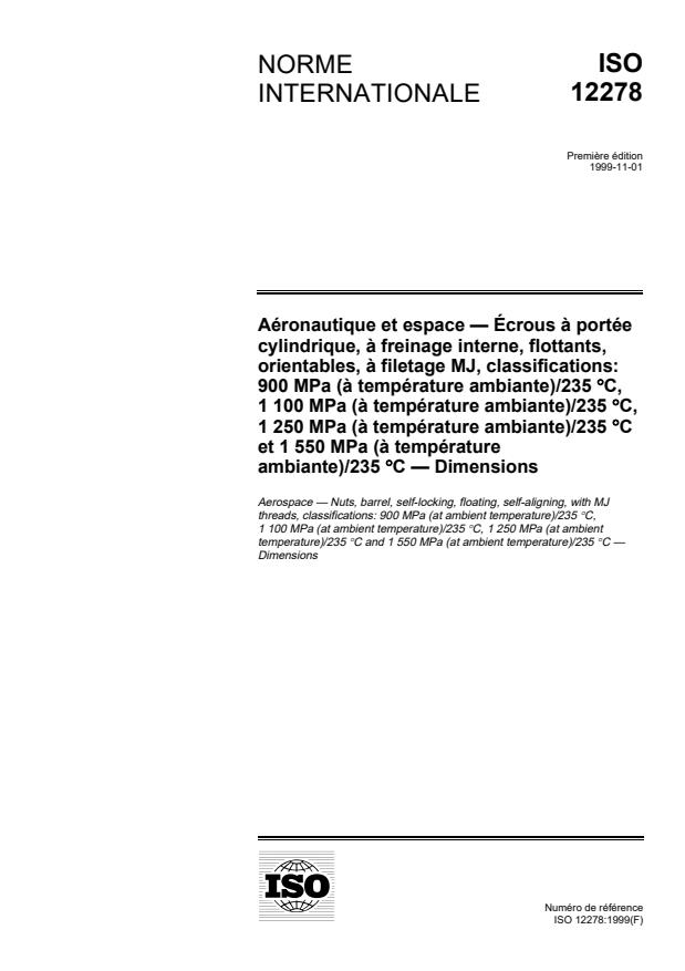 ISO 12278:1999 - Aerospace — Nuts, barrel, self-locking, floating, self-aligning, with MJ threads,