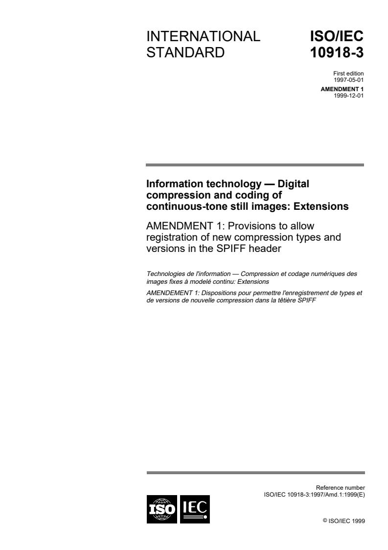 ISO/IEC 10918-3:1997/Amd 1:1999 - Information technology — Digital compression and coding of
