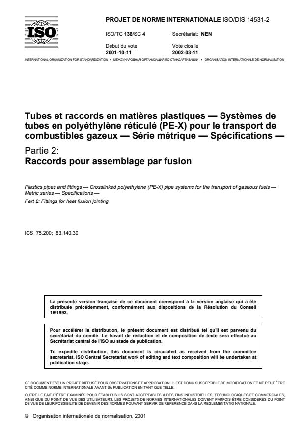 ISO/DIS 14531-2 - Plastics pipes and fittings -- Crosslinked ...