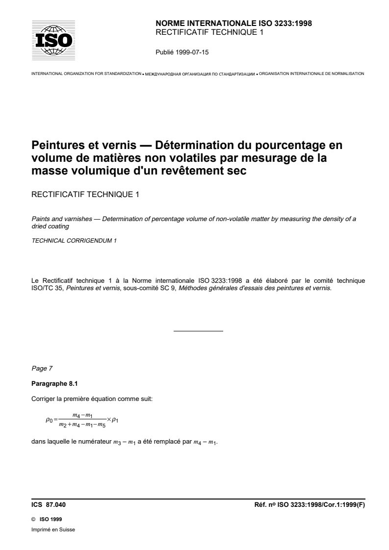 ISO 3233:1998/Cor 1:1999 - Paints and varnishes — Determination of percentage volume of non-volatile