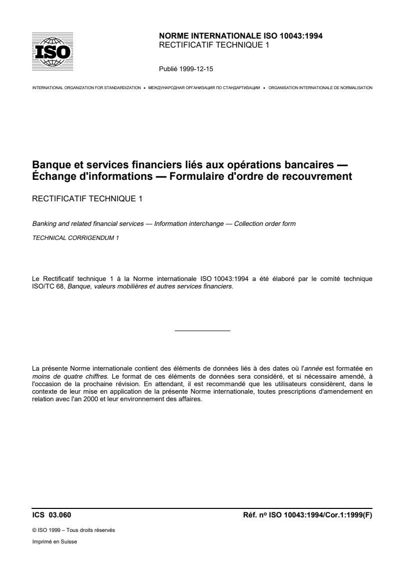 ISO 10043:1994/Cor 1:1999 - Banking and related financial services — Information interchange