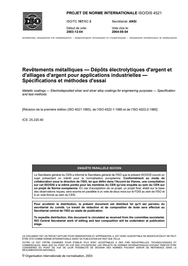 ISO/DIS 4521 - Metallic coatings -- Electrodeposited silver and silver alloy coatings for