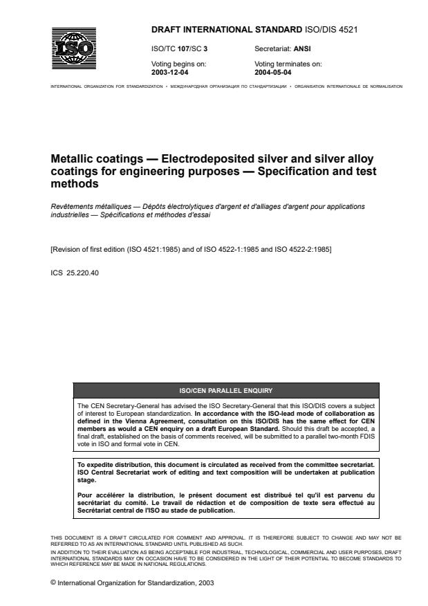 ISO/DIS 4521 - Metallic coatings -- Electrodeposited silver and silver alloy coatings for
