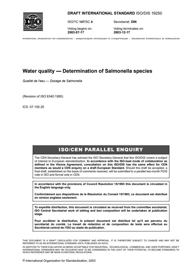 ISO/DIS 19250 - Water quality -- Determination of Salmonella species