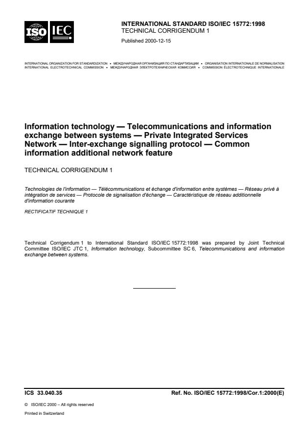ISO/IEC 15772:1998/Cor 1:2000 - Information technology — Telecommunications and information exchange