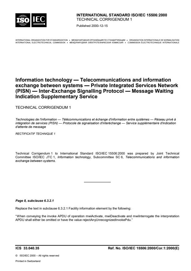 ISO/IEC 15506:2000/Cor 1:2000 - Information technology — Telecommunications and information exchange