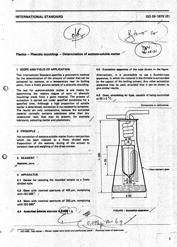 ISO 59:1976 - Plastics — Phenolic mouldings — Determination of acetone-soluble matter