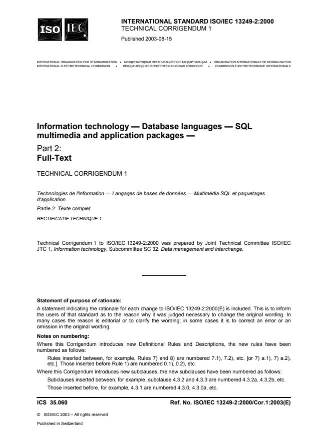 ISO/IEC 13249-2:2000/Cor 1:2003 - Information technology — Database languages — SQL multimedia and