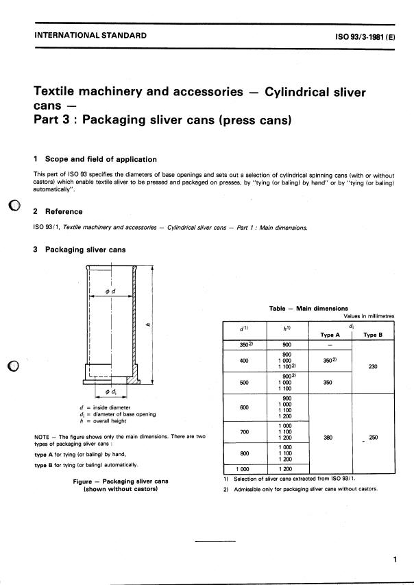ISO 93-3:1981 - Textile machinery and accessories — Cylindrical sliver ...