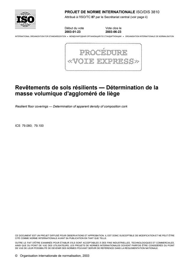 ISO/DIS 3810 - Resilient floor coverings - Determination of apparent density of composition cork