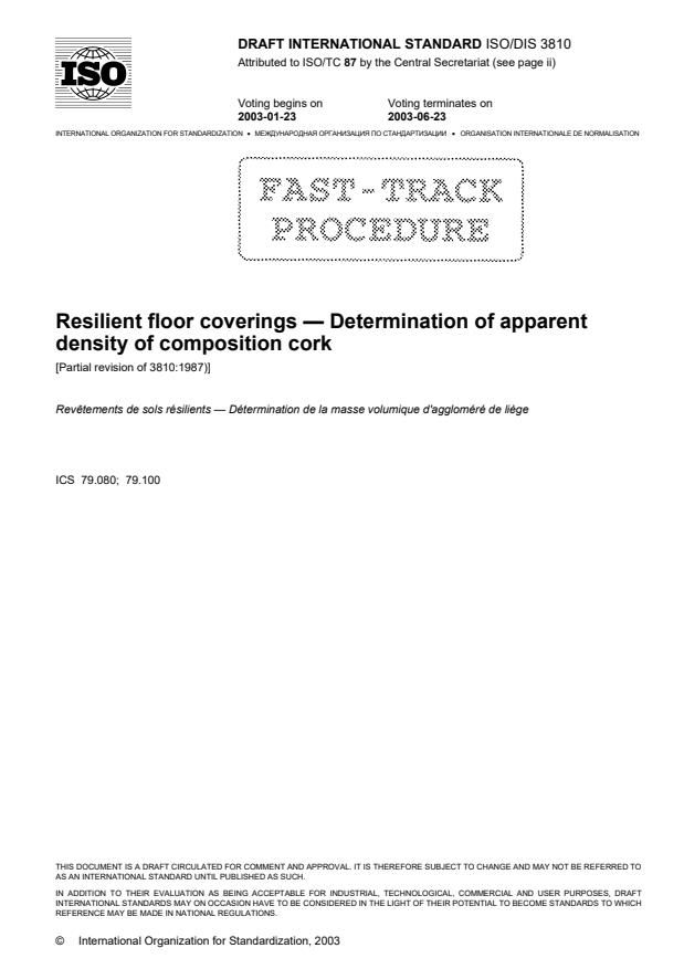 ISO/DIS 3810 - Resilient floor coverings - Determination of apparent density of composition cork