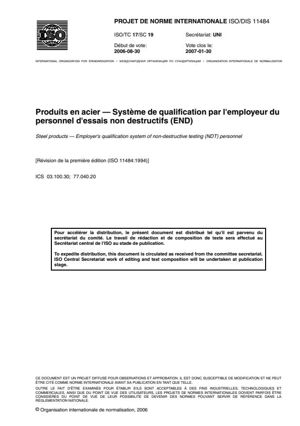 ISO/DIS 11484 - Steel products -- Employer's qualification system of ...