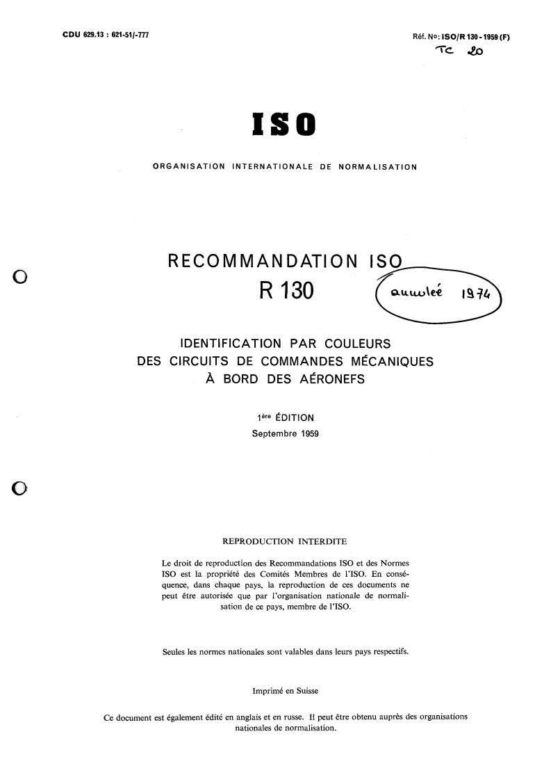 ISO/R 130:1959 - Withdrawal of ISO/R 130-1959