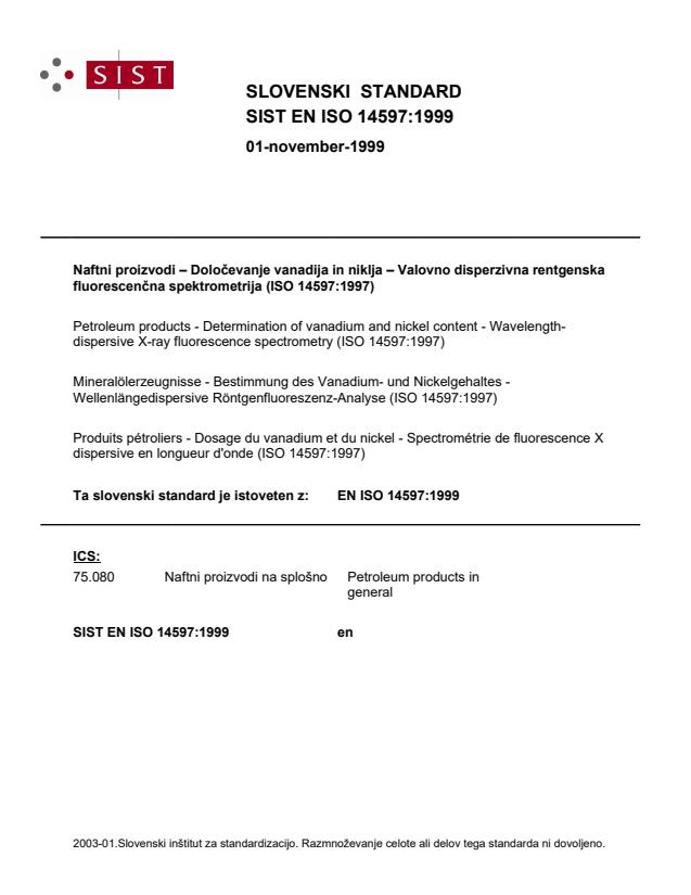 EN ISO 14597:1999 - Petroleum products - Determination of vanadium and nickel content