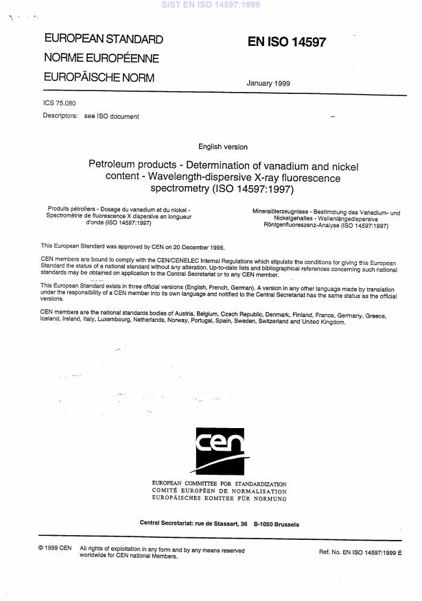 EN ISO 14597:1999 - Petroleum products - Determination of vanadium and nickel content