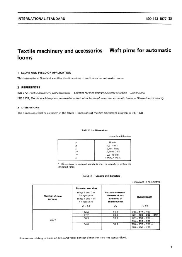 ISO 143:1977 - Textile machinery and accessories — Weft pirns for automatic looms
