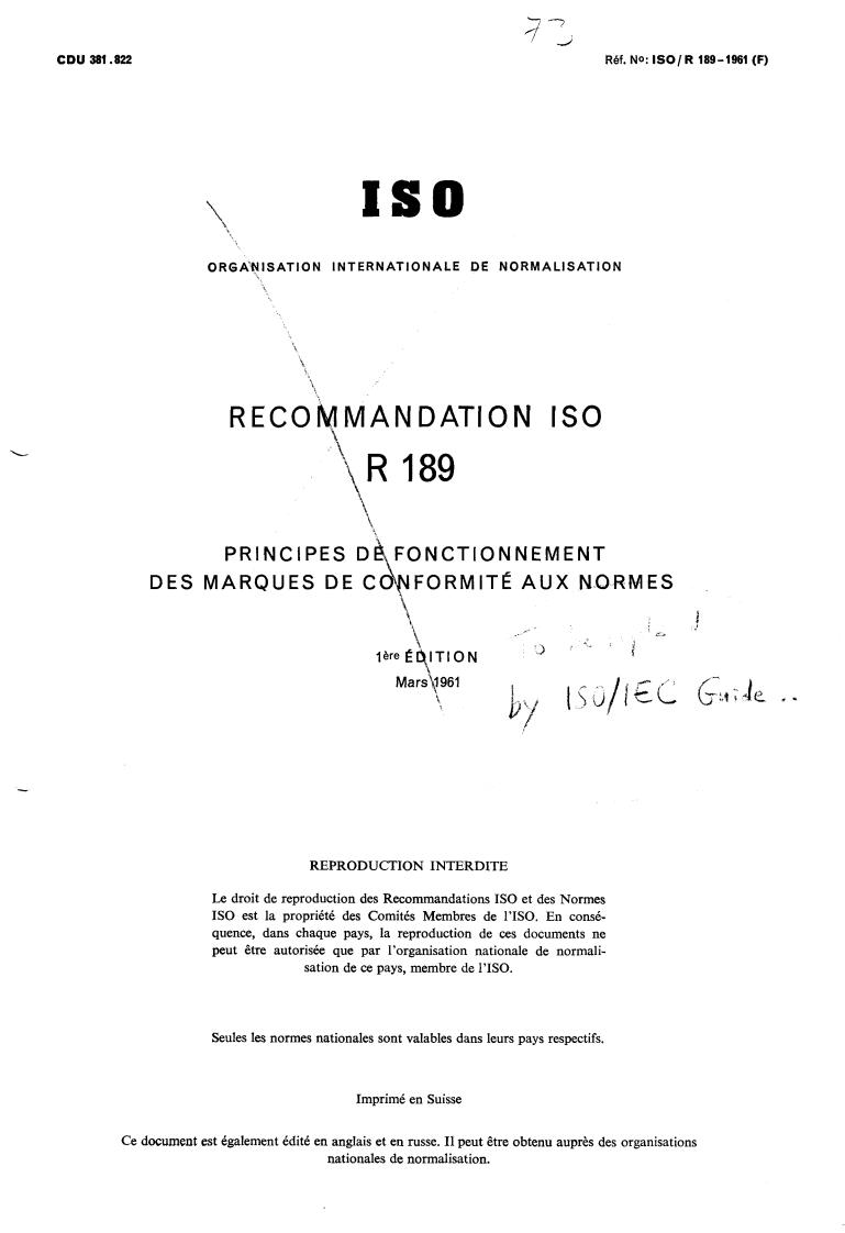ISO/R 189:1961 - Withdrawal of ISO/R 189-1961