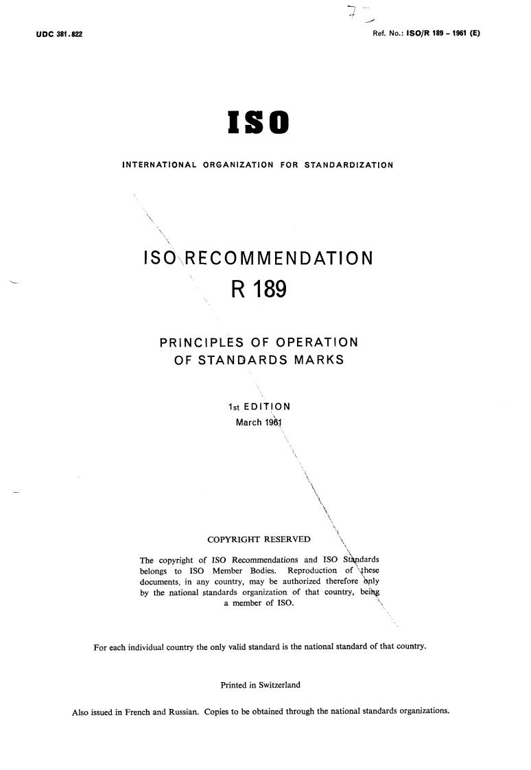 ISO/R 189:1961 - Withdrawal of ISO/R 189-1961