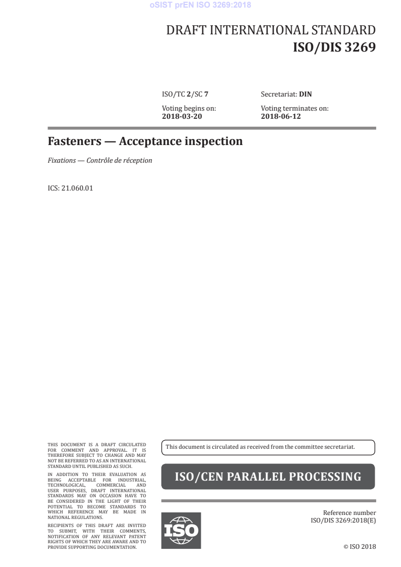 EN ISO 3269:2019 - Fasteners - Acceptance inspection (ISO 3269:2019)