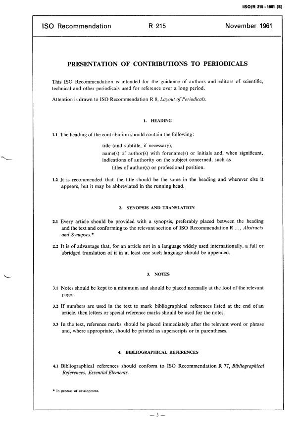 ISO/R 215:1961 - Presentation of contributions to periodicals