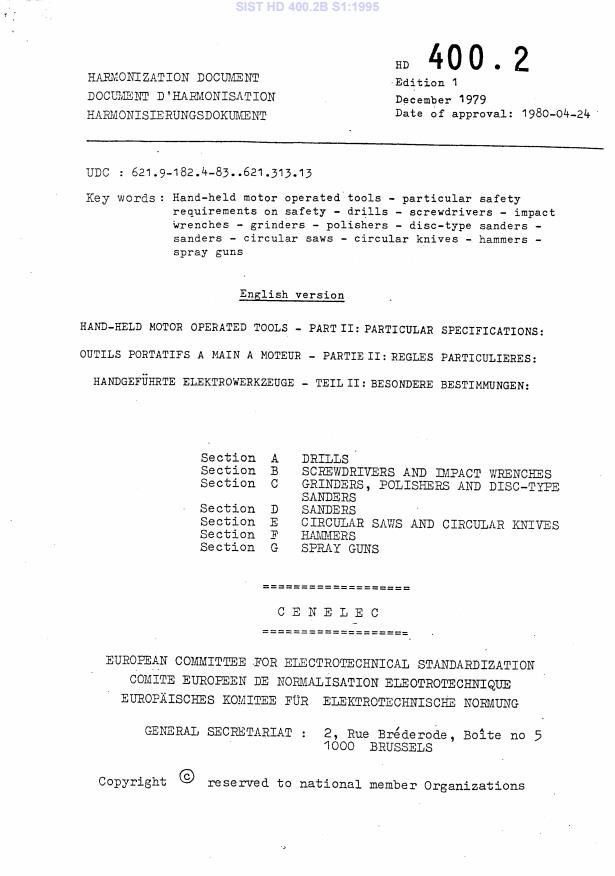 HD 400.2B S1:1980 - Hand-held motor operated tools - Part II ...