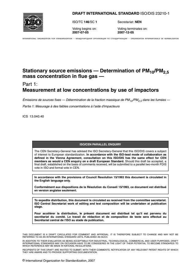 ISO/DIS 23210-1 - Stationary source emissions -- Determination of PM10 ...