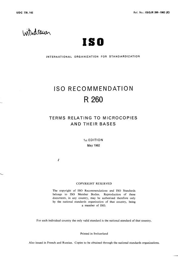 ISO/R 260:1962 - Withdrawal of ISO/R 260-1962