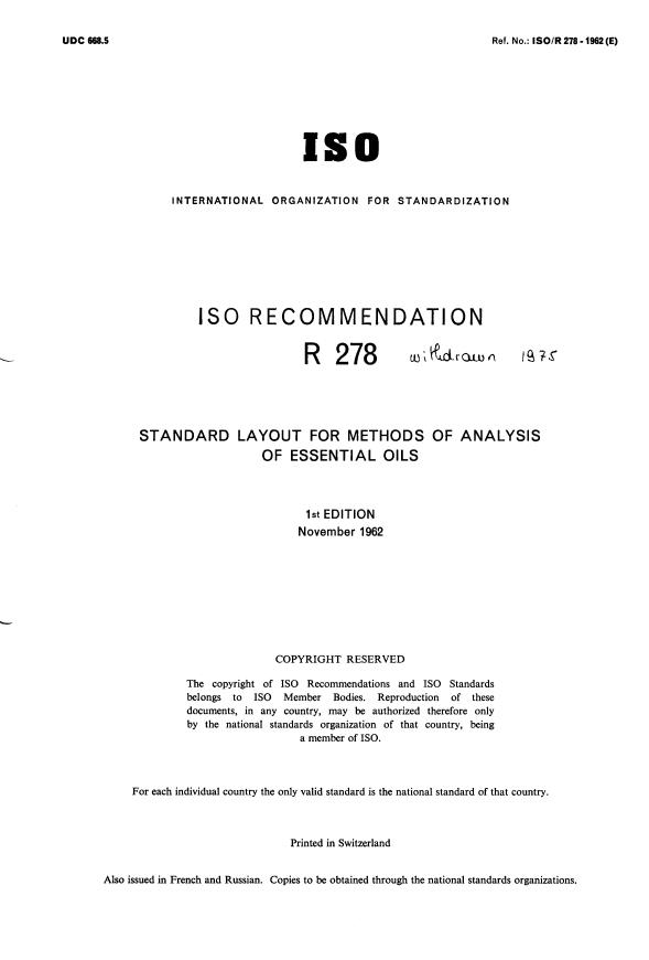 ISO/R 278:1962 - Withdrawal of ISO/R 278-1962