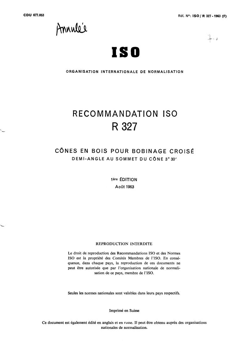 ISO/R 327:1963 - Withdrawal of ISO/R 327-1963