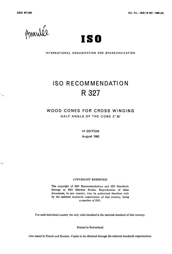 ISO/R 327:1963 - Withdrawal of ISO/R 327-1963